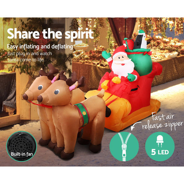 Jingle Jollys Christmas Inflatable Santa Sleigh 2.2M Illuminated Decor